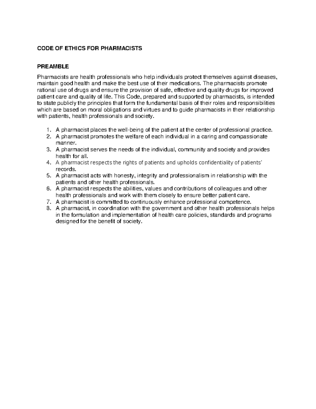 CODE OF Ethics FOR Pharmacists - CODE OF ETHICS FOR PHARMACISTS ...
