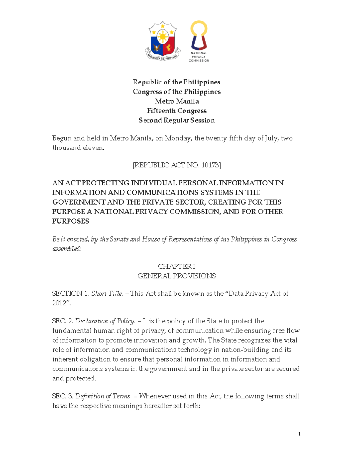 RA10173 Data Privacy Act - Republic of the Philippines Congress of the ...