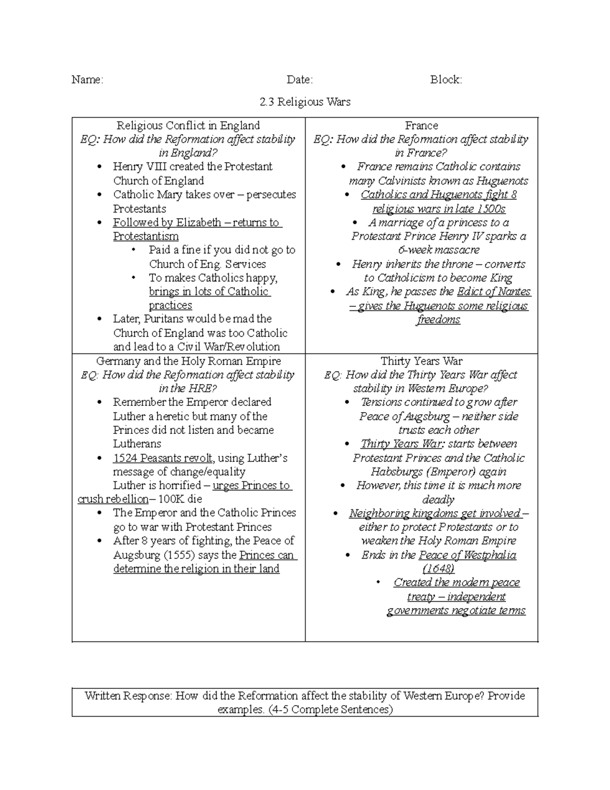 2.3 Religous Wars - History - Name: Date: Block: 2 Religious Wars ...