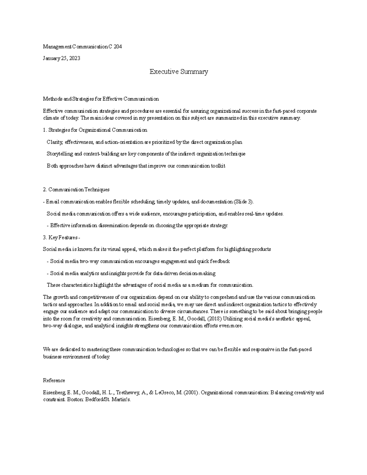 Executive Summary - Management Communication C 204 January 25, 2023 ...