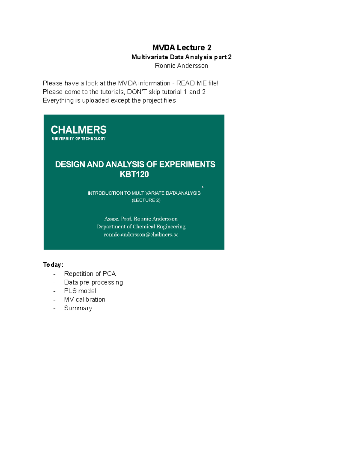 MVDA Lecture 2 - föreläsningsanteckningar 2 - MVDA Lecture 2 ...
