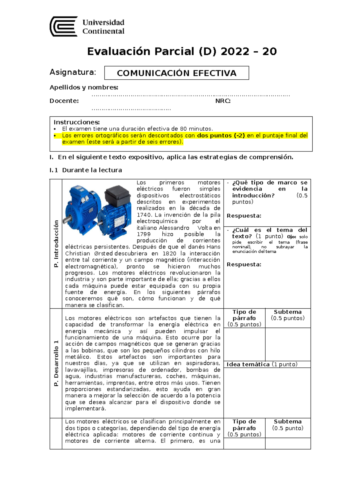 Evaluación Parcial (equipo 1) - Evaluación Parcial (D) 2022 – 20 Asignatura: Apellidos y nombres ...