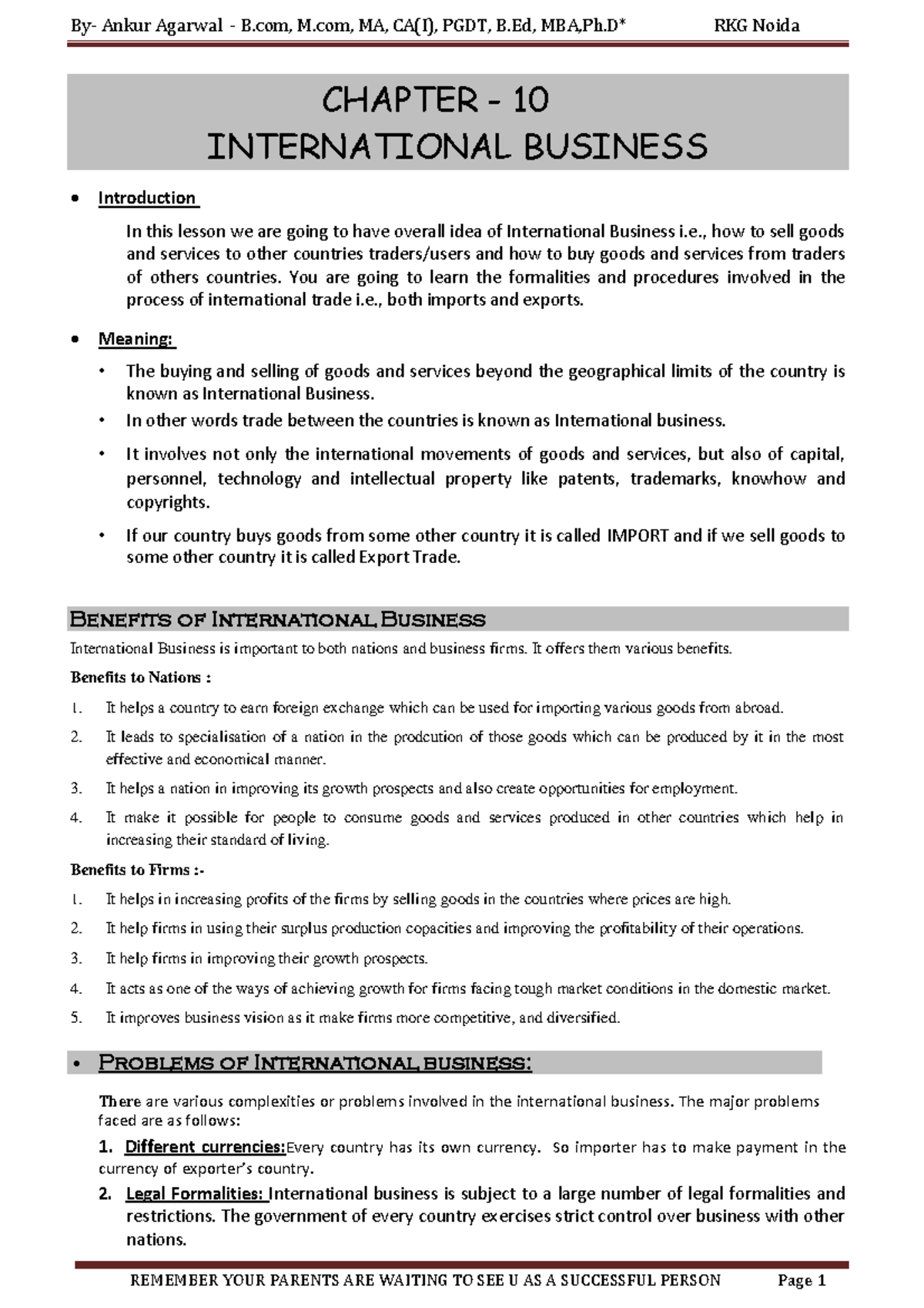 Chapter-10-international business - CHAPTER - 10 INTERNATIONAL BUSINESS ...