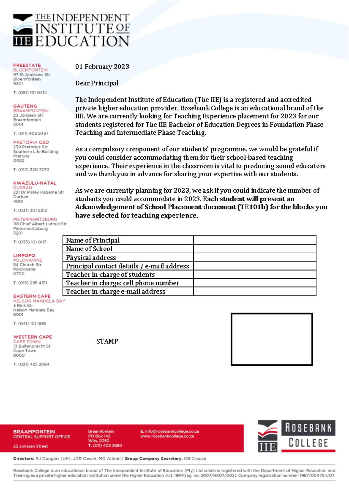2023 Placement Forms BED - 01 February 2023 Dear Principal The ...