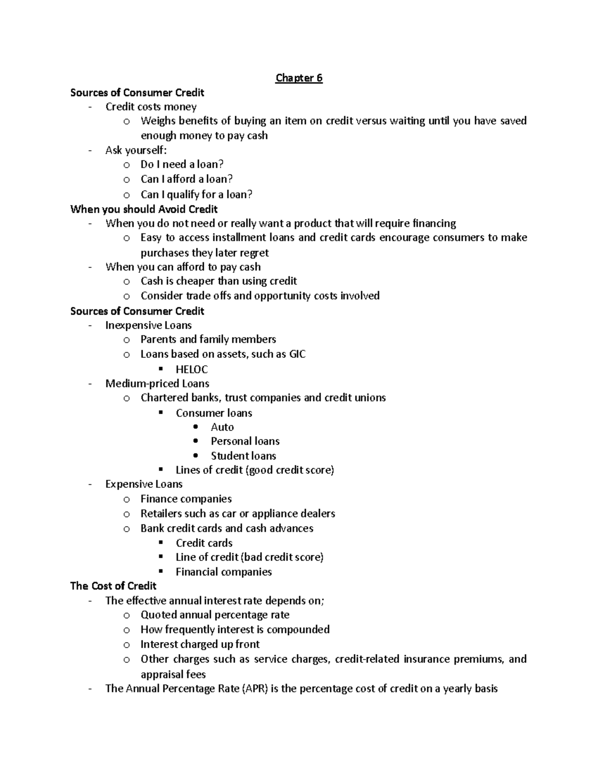 Chapter 6 - information about credit - Chapter 6 Sources of Consumer ...