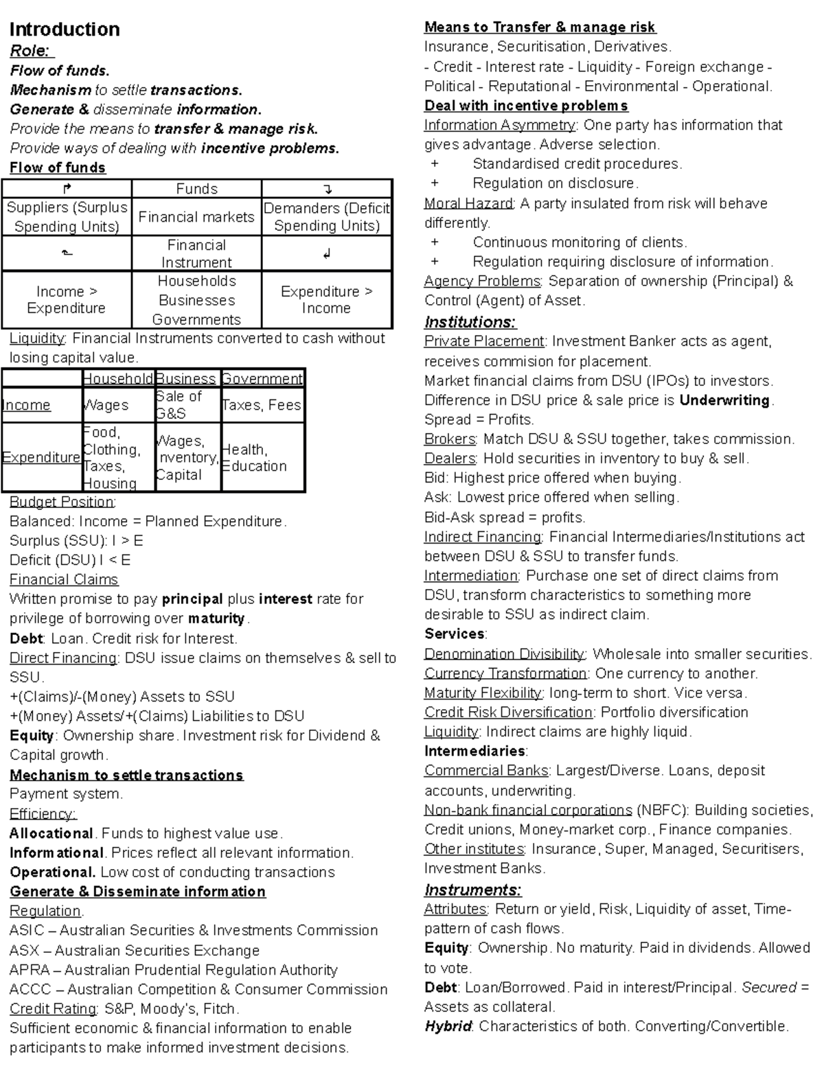 EFB201 Financial Markets Mid-Sem Notes - Introduction Role: Flow of ...