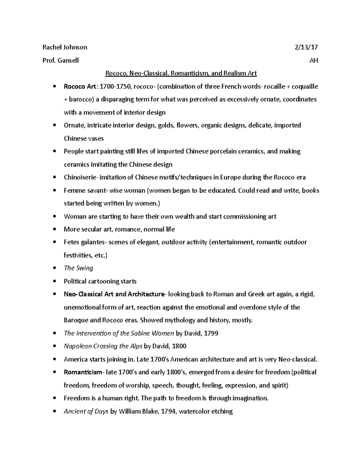 Art History II - Prof. Gansell - 2/13/17 : Rococo, Neo-Classical ...