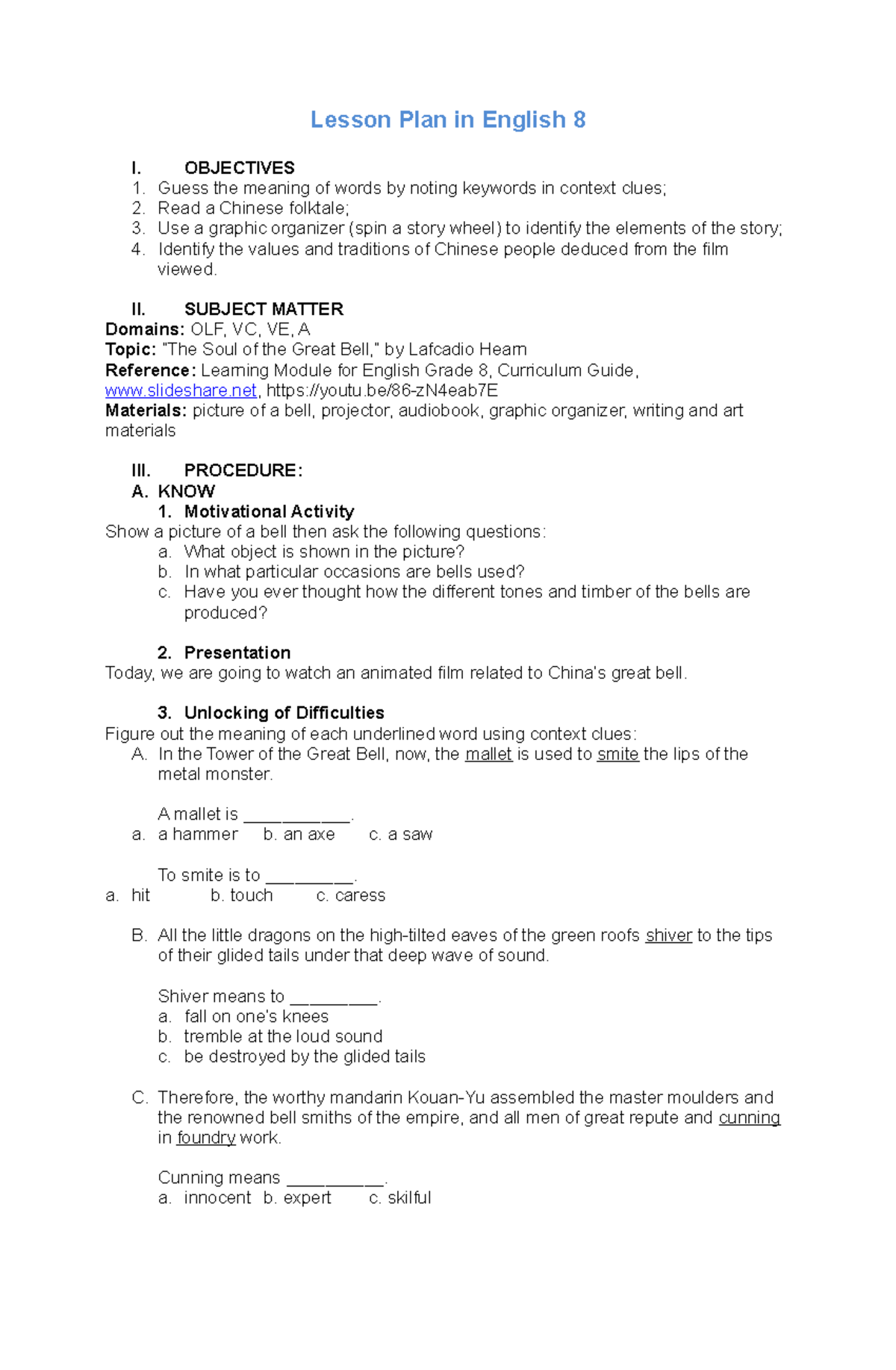 Lesson Plan in English 8 - OBJECTIVES Guess the meaning of words by ...
