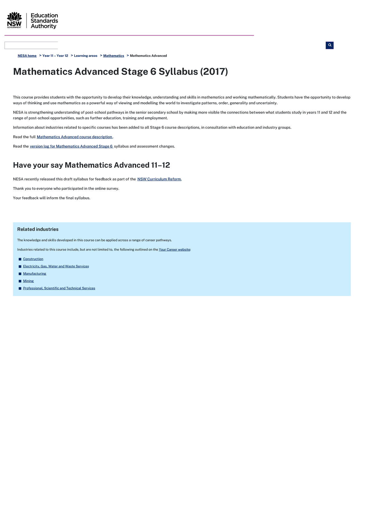 Math Advanced Syllabus - NESA home > Year 11 – Year 12 > Learning areas ...