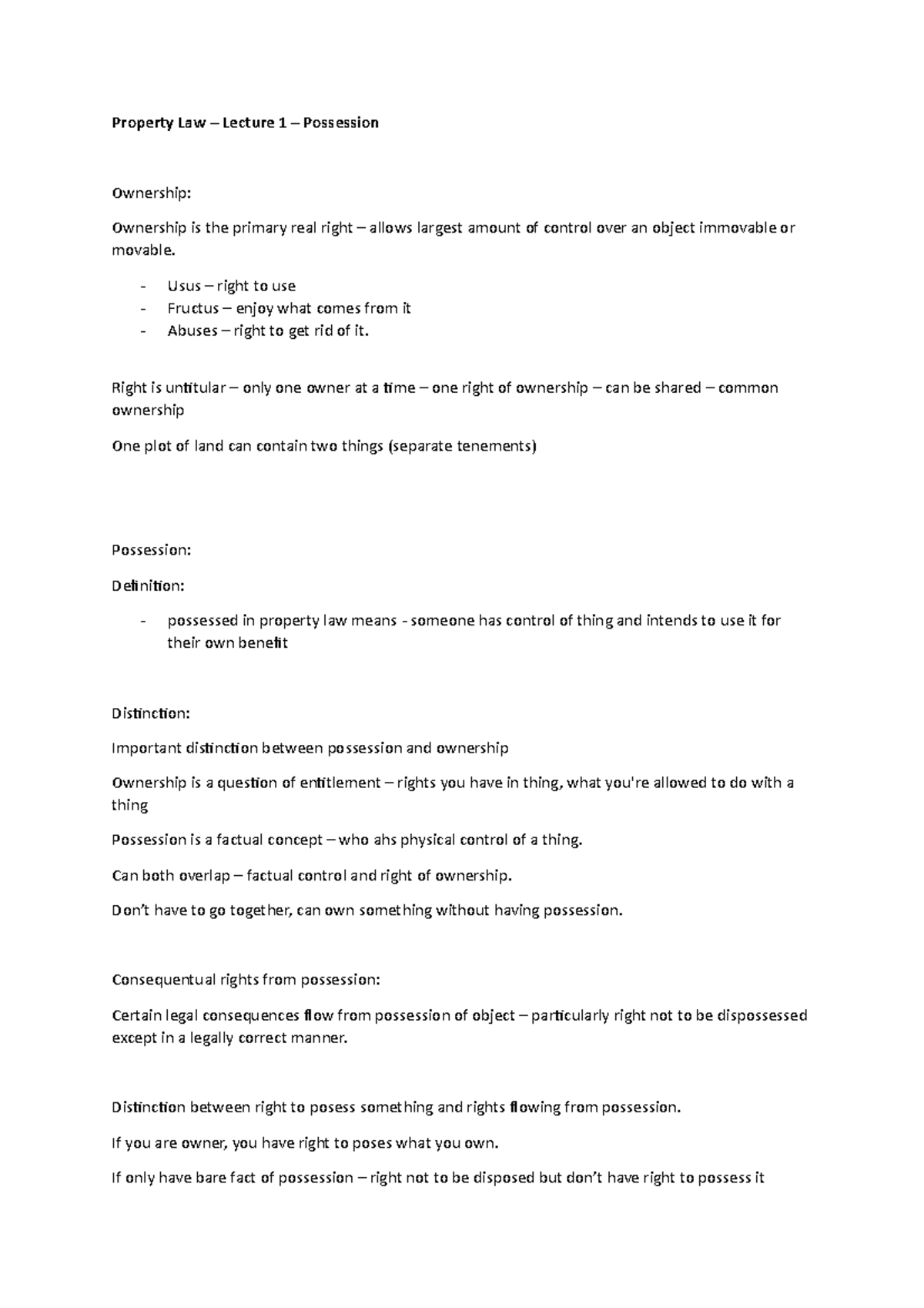 Property Law Lecture 1 - Possession - Property Law – Lecture 1 ...