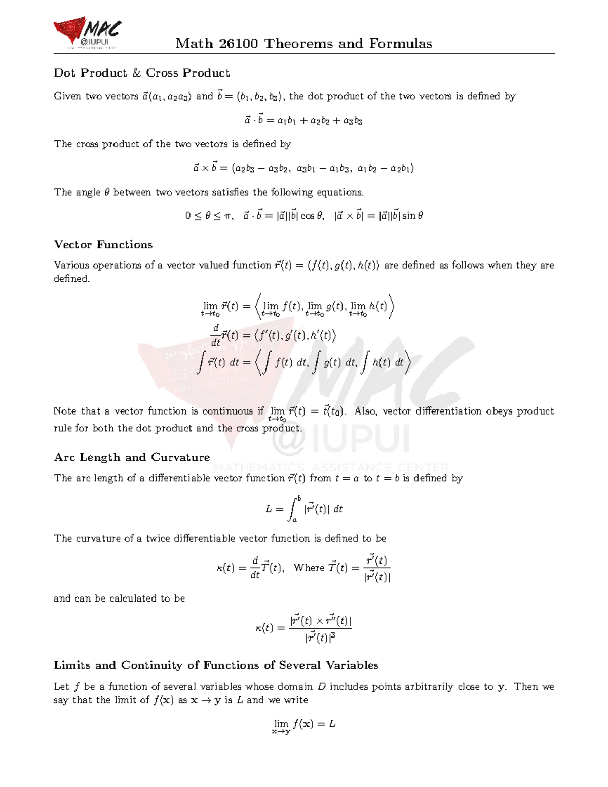 261-232 Theorems and Formulas - Dot Product & Cross Product Given two ...