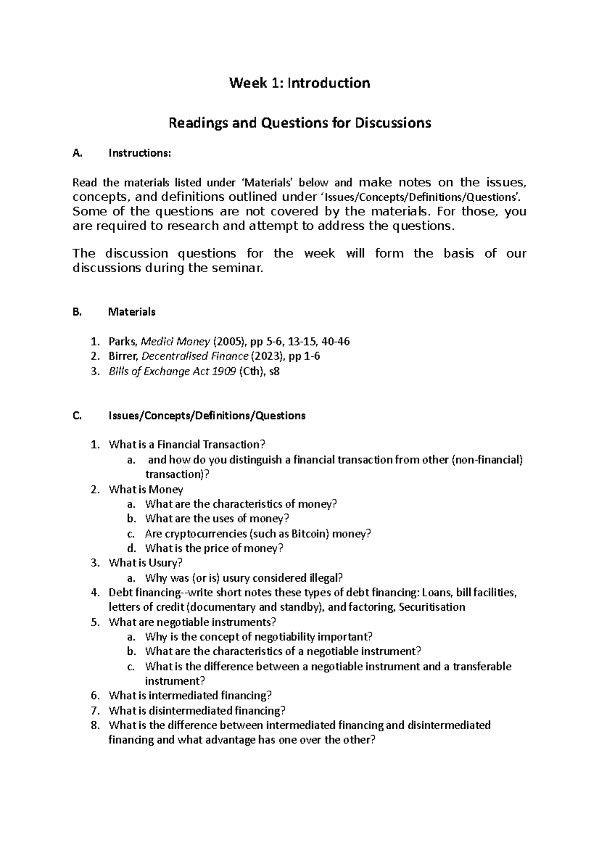 Week 1 Reading Guide and Questions for Discussions - Week 1: Introduction Readings and Questions ...