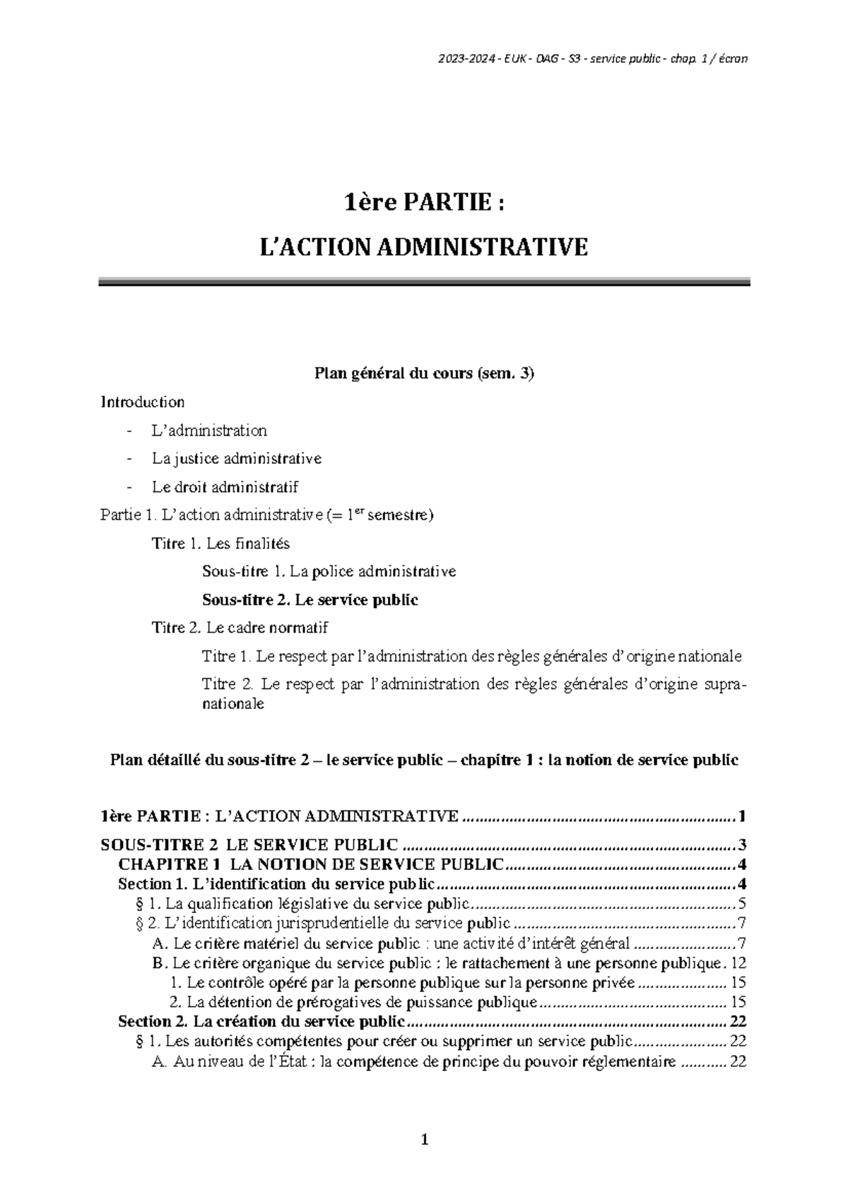 CM SP 1. Notion - droit administratif SP 1 - 1ère PARTIE : L’ACTION ...