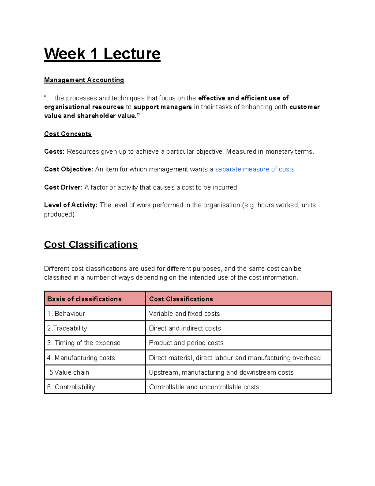 ACCG200 lecture notes Wk1-5 - Week 1 Lecture Management Accounting ...