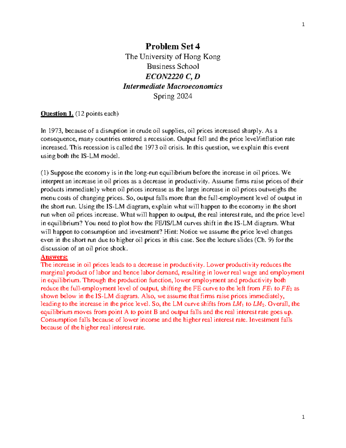 Problem Set 4 solution - Problem Set 4 The University of Hong Kong Business School ECON222 0 C ...