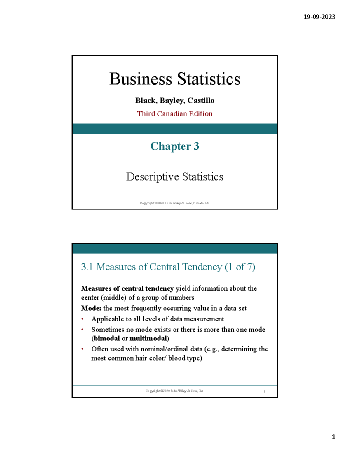 Lecture 3 - Descriptive Statistics - Business Statistics Black, Bayley, Castillo Third Canadian ...