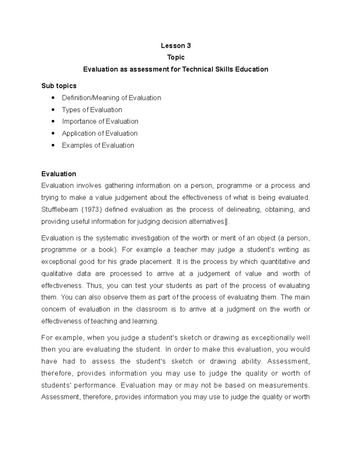 Lesson 3 - Notes on assessment - Lesson 3 Topic Evaluation as ...