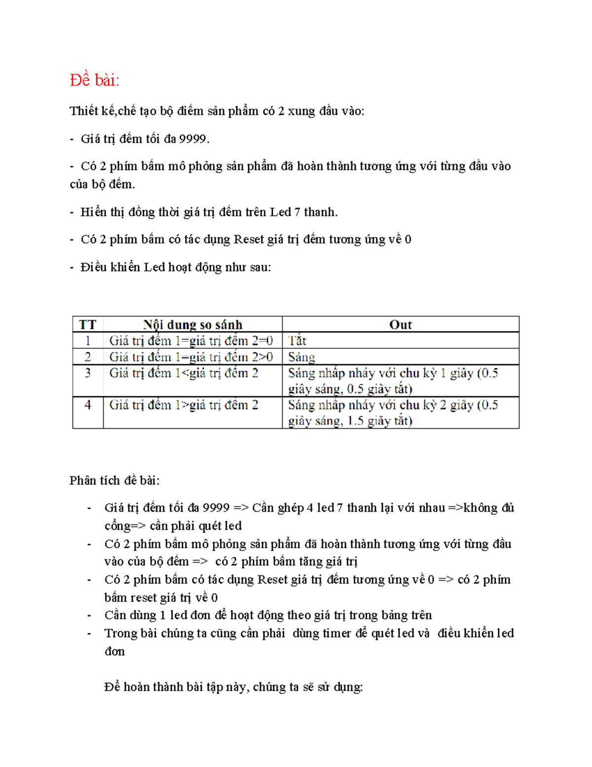 Baocao btl vxl - Đề bài: Thiết kế,chế tạo bộ điếm sản phẩm có 2 xung đầu vào: - Giá trị đếm tối ...