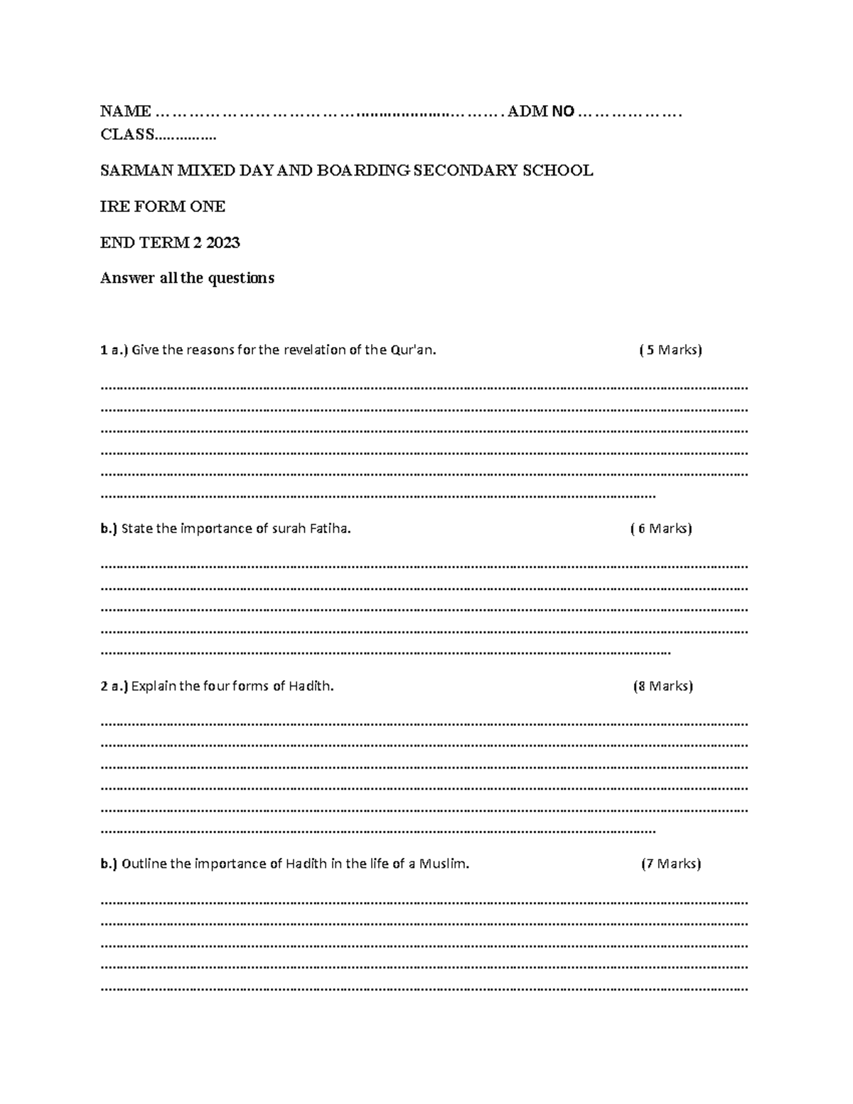 IRE FORM 1 END T2 - I am studying South Eastern Kenya University ...