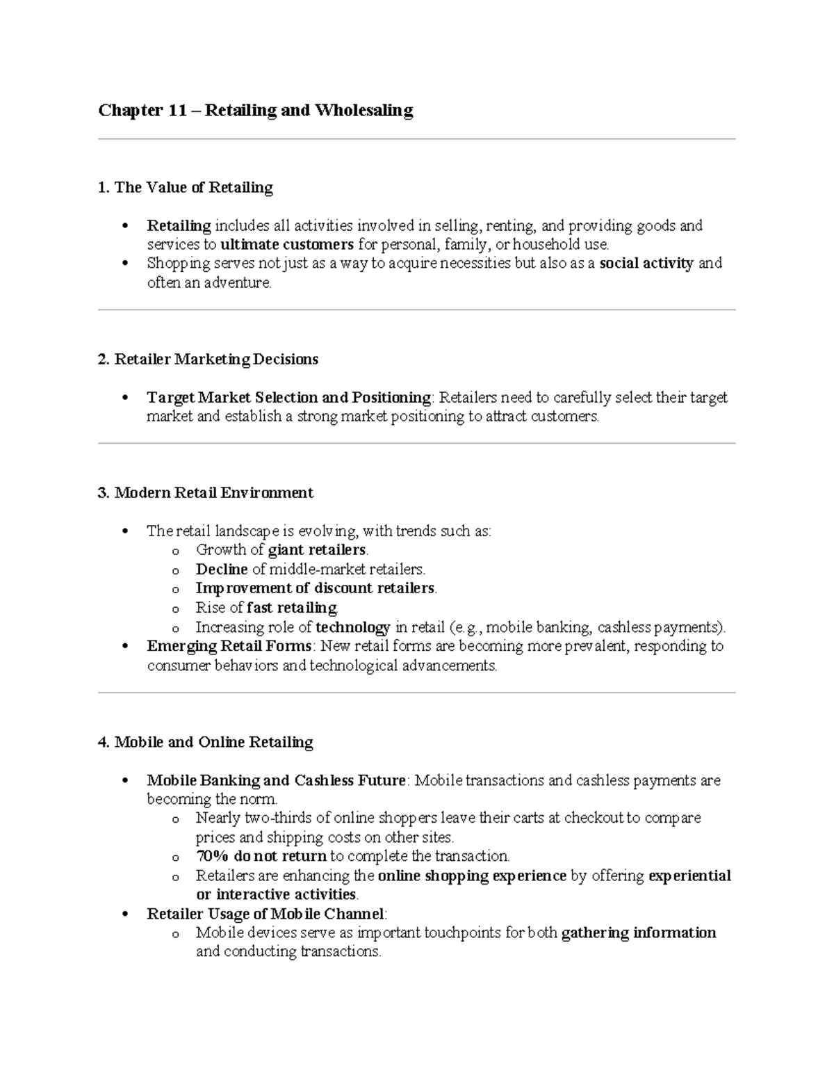 Chapter 11 - Chapter 11 – Retailing and Wholesaling 1. The Value of ...