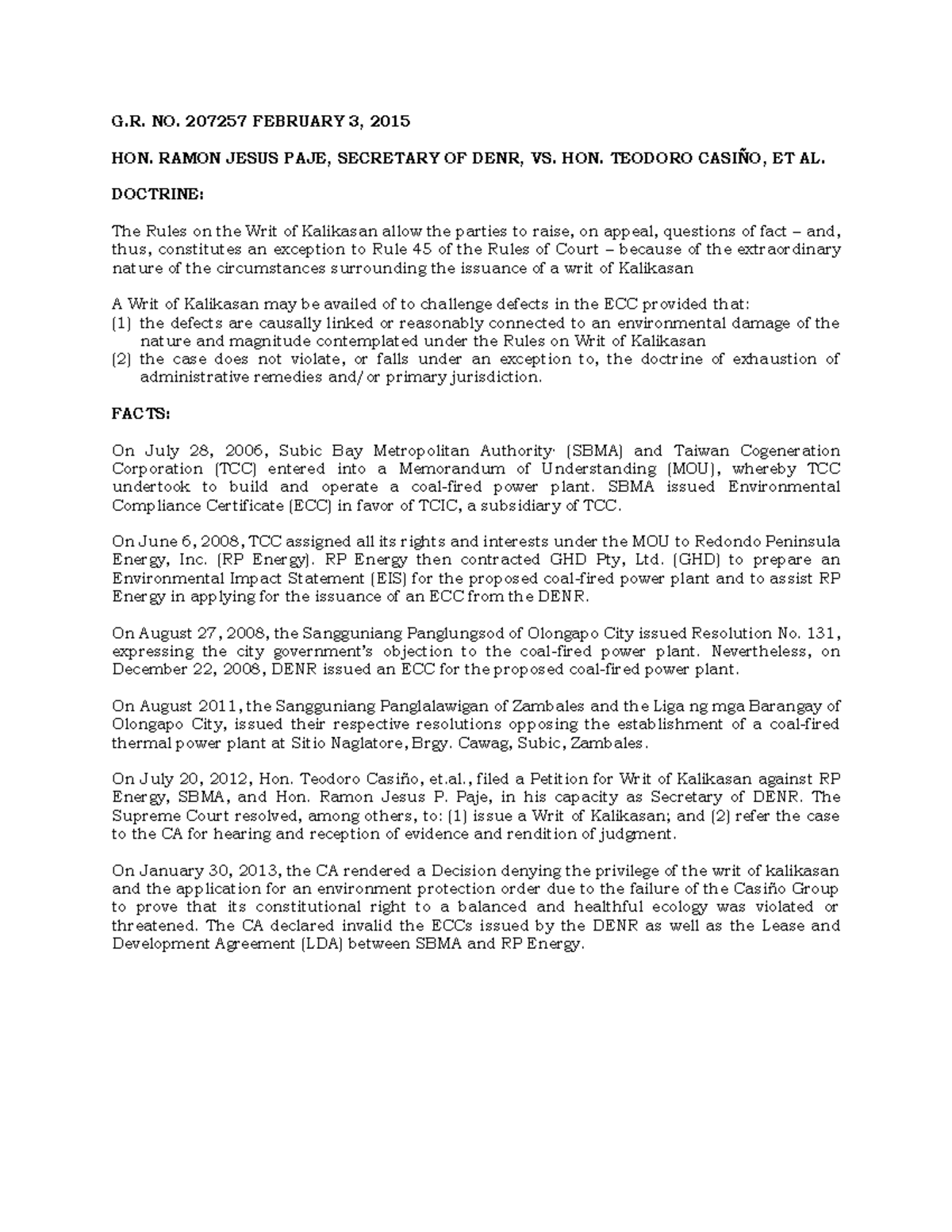 G.R. No. 207527 Paje vs Casiño - G. NO. 207257 FEBRUARY 3, 2015 HON ...