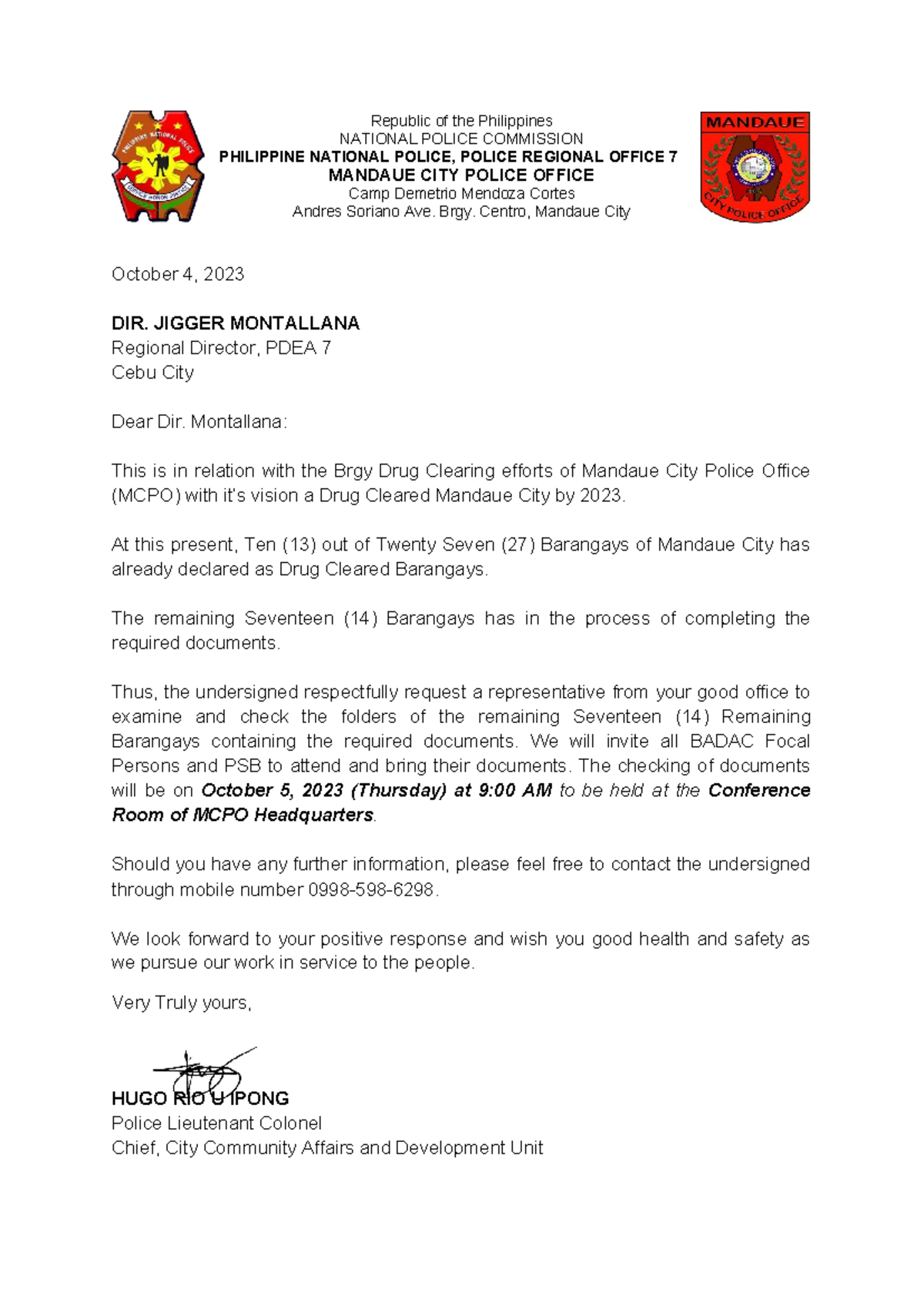 PDEA Letter - Republic of the Philippines NATIONAL POLICE COMMISSION ...