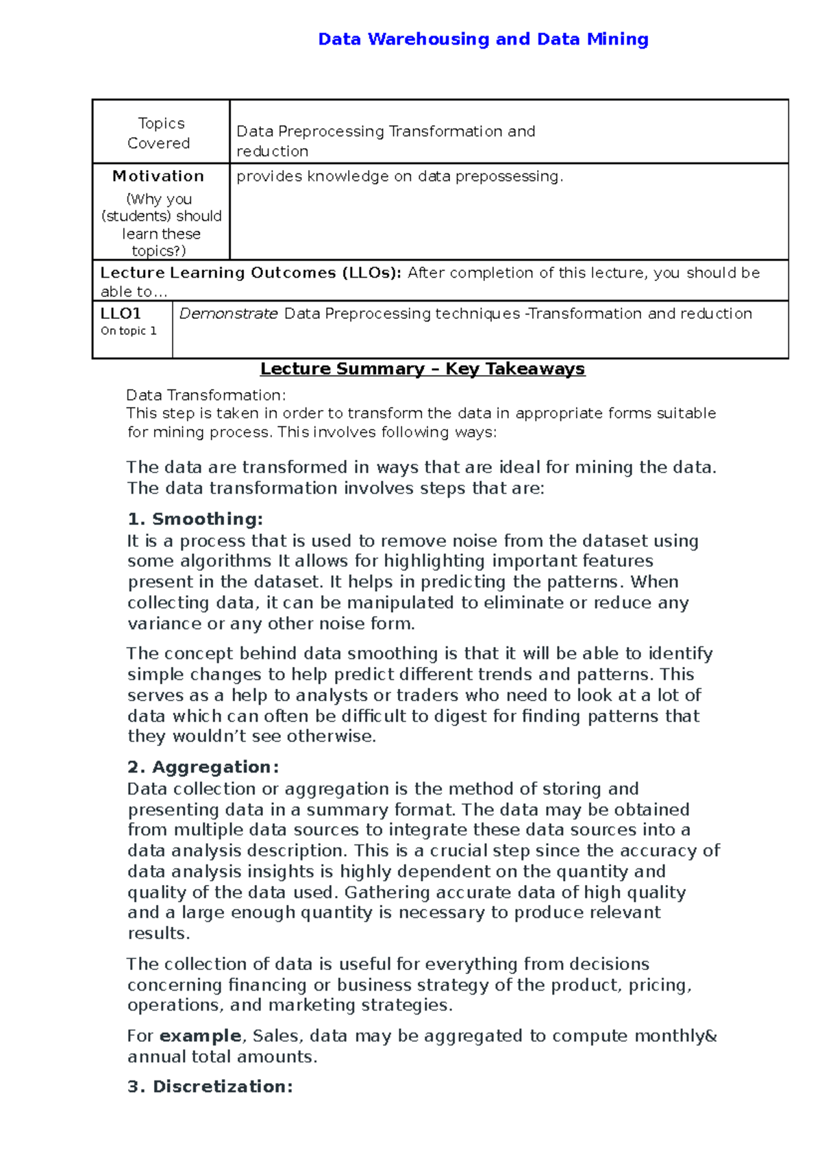Data Preprocessing Transformation and reduction - Topics Covered Data ...