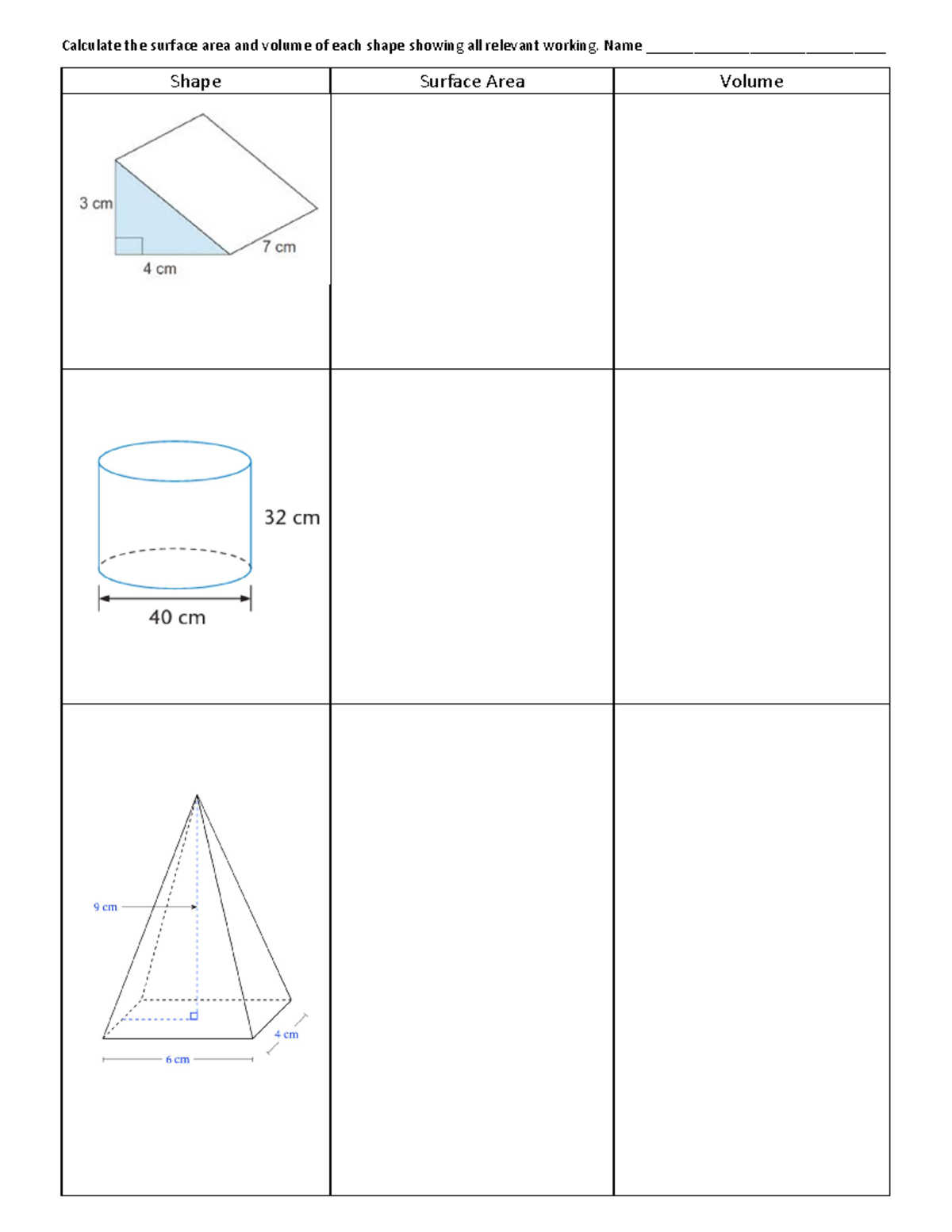Yr 10 SA and volume quiz - Calculate the surface area and volume of ...
