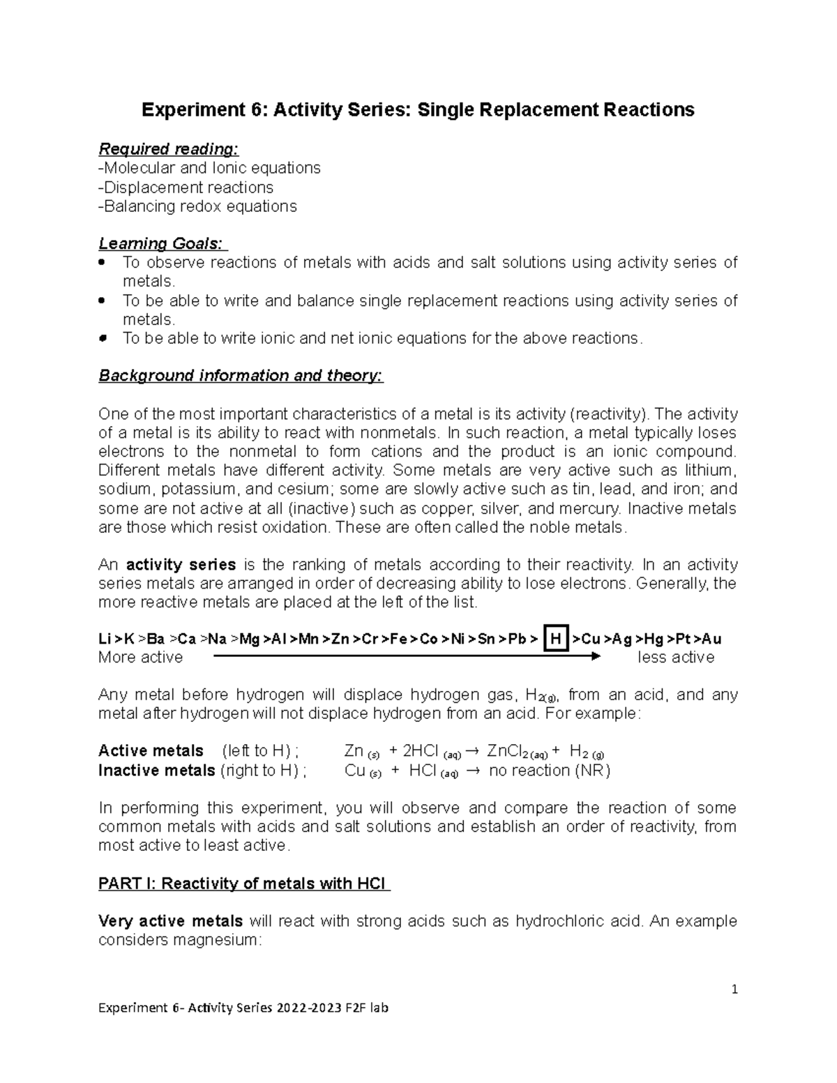 Experiment 6- Activity Series Fall 2022 F2F - Experiment 6: Activity ...