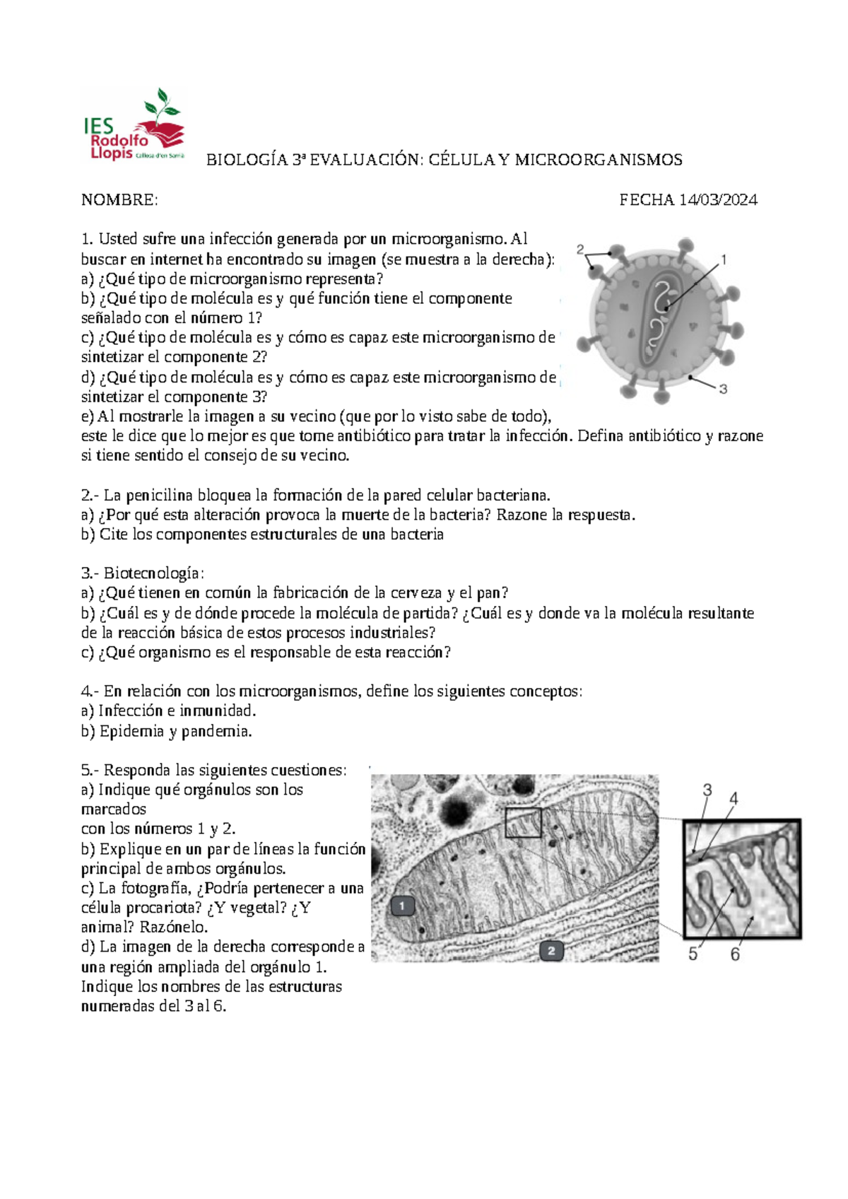 Examen celula y 16 - BIOLOGÍA 3ª EVALUACIÓN: CÉLULA Y MICROORGANISMOS ...