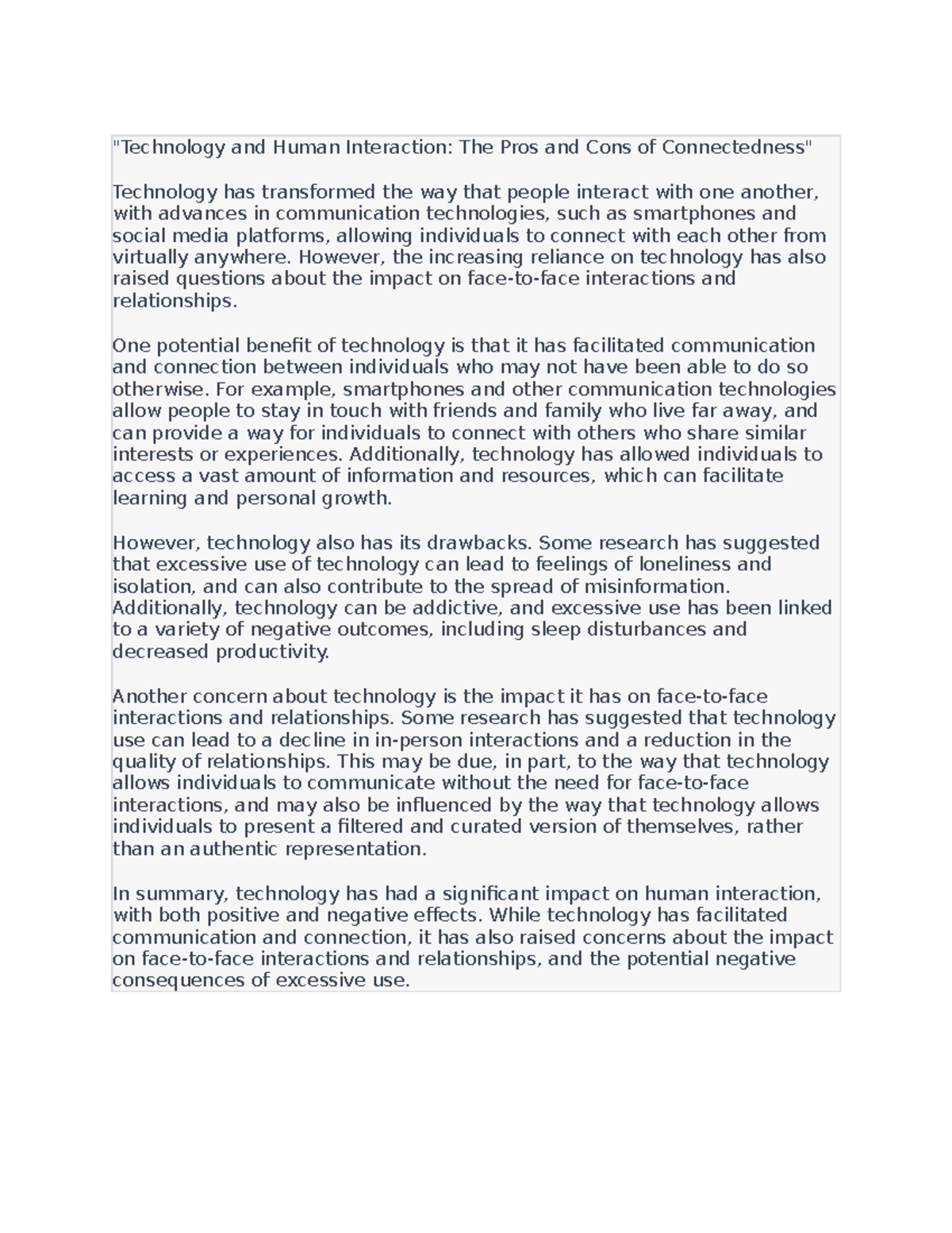 Technology and Human Interaction - However, the increasing reliance on ...