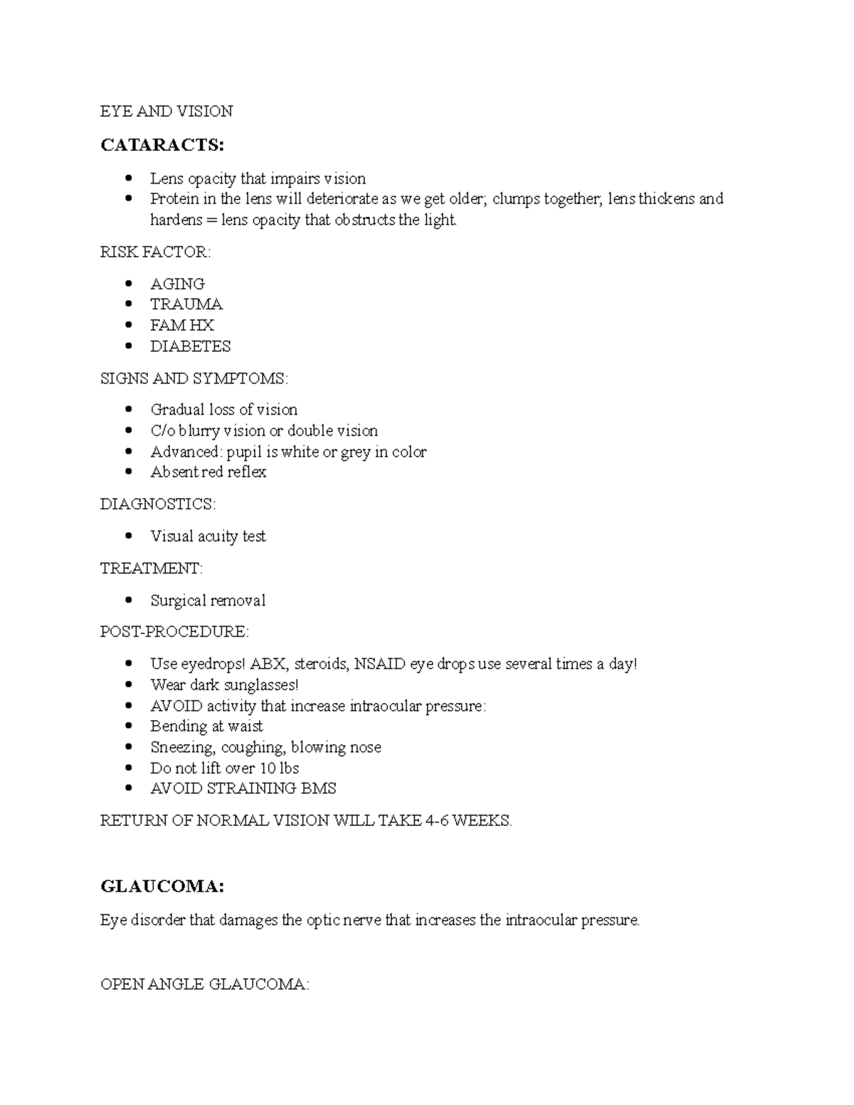 EYE AND Vision - Med surge cheat sheet - EYE AND VISION CATARACTS: Lens ...