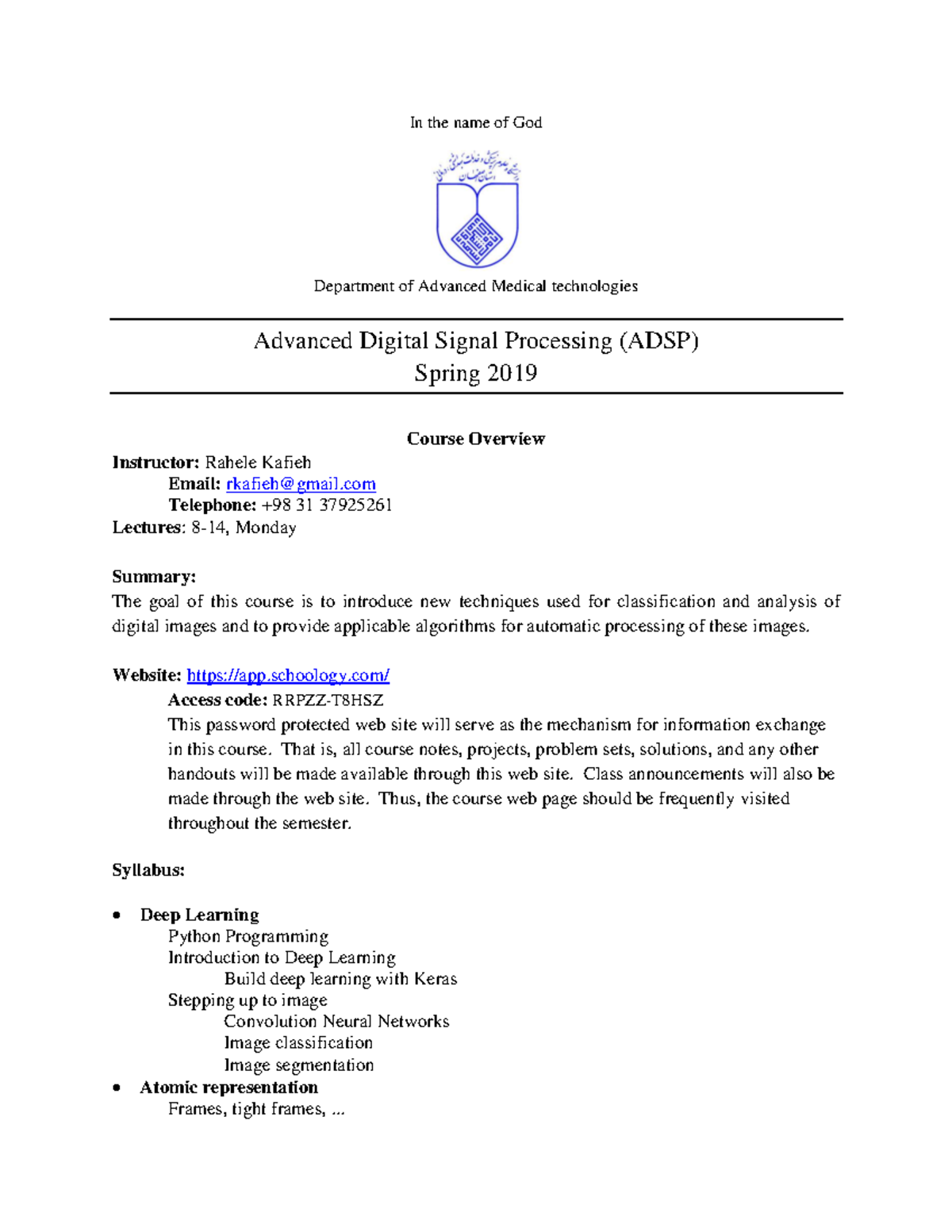 Course outline ADSP - Summary Deep learning - In the name of God ...