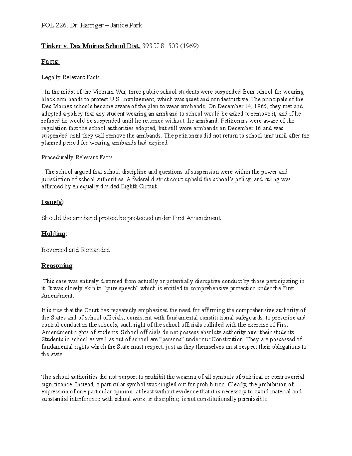 Case Brief Simulation 1 - Tinker v. Des Moines School Dist - POL 226 ...