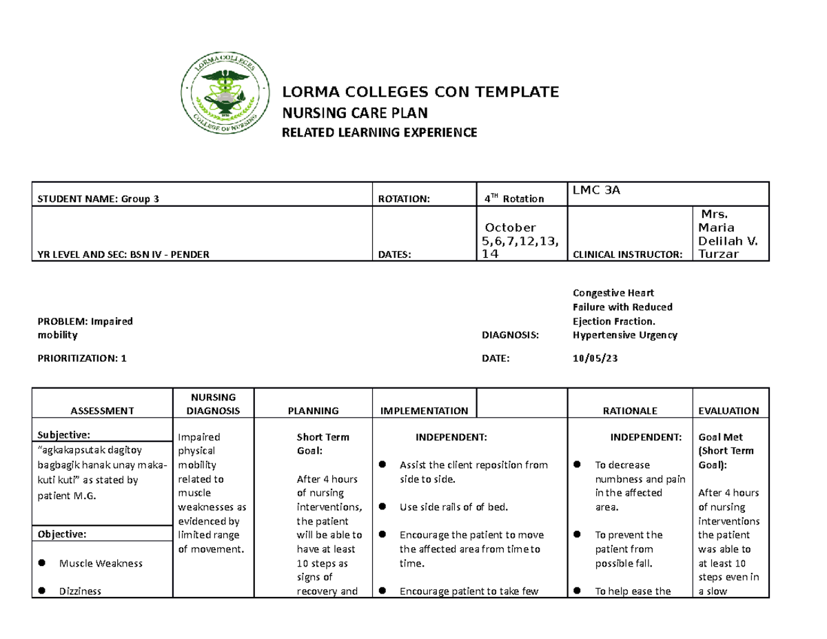 NCP - MATERIALS - LORMA COLLEGES CON TEMPLATE NURSING CARE PLAN RELATED ...