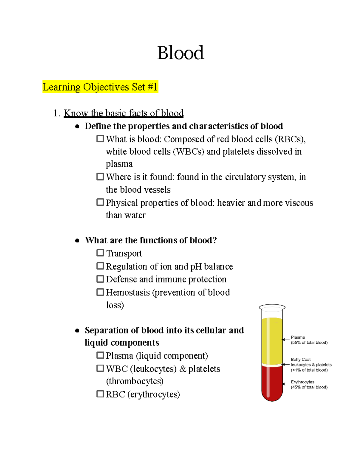 PHYSL 210 A Blood Learning Objectives - Blood Learning Objectives Set 1 ...
