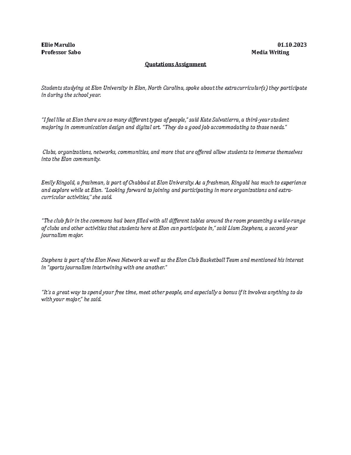 Quotations Assignment - Ellie Marullo 01. Professor Sabo Media Writing ...