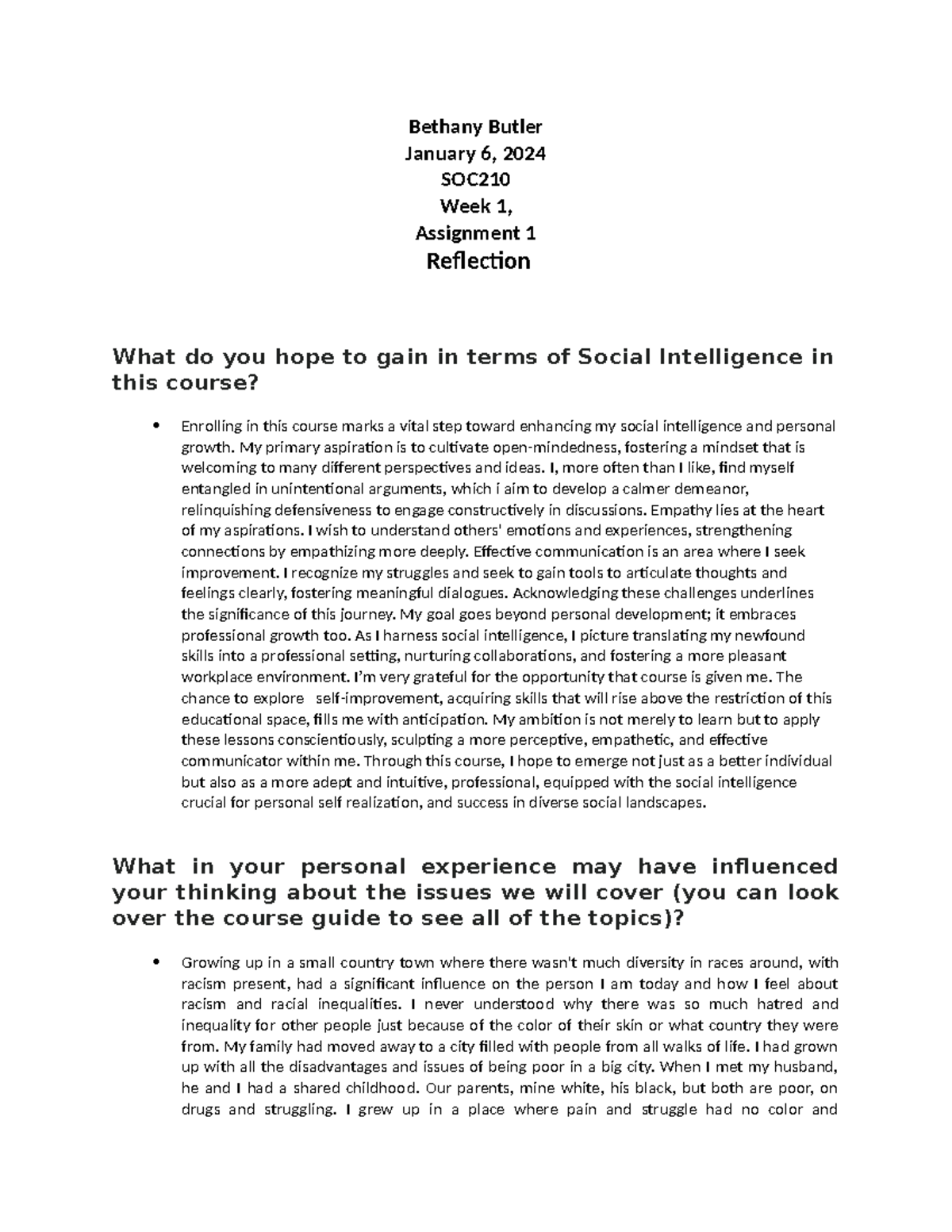 SOC210 Bethany Butler Assignment week10 - Bethany Butler January 6, 2024 SOC Week 1, Assignment ...