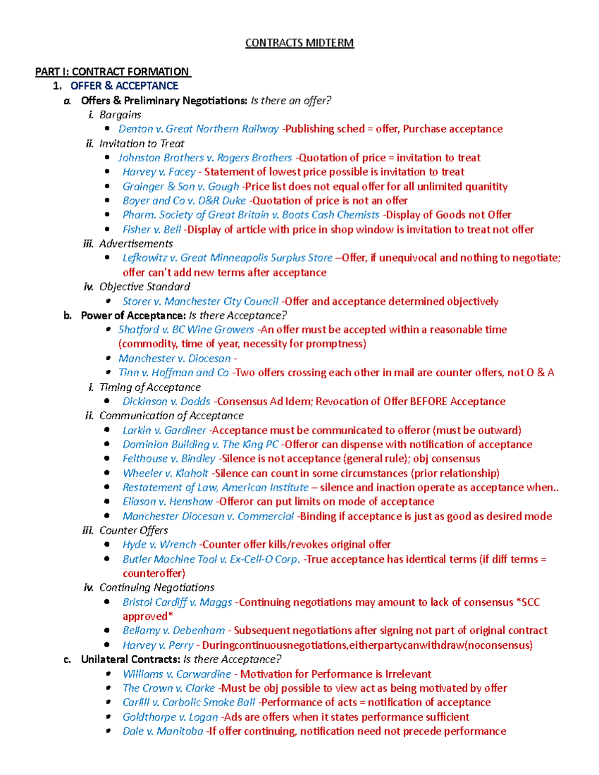 Contract Summary - Outline - CONTRACTS MIDTERM PART I: CONTRACT FORMATION 1. OFFER & ACCEPTANCE ...