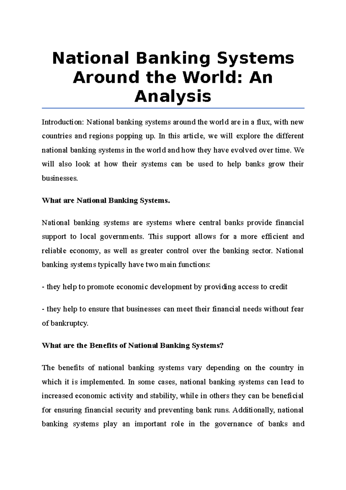 National Banking Systems Around the World, An Analysis - National ...