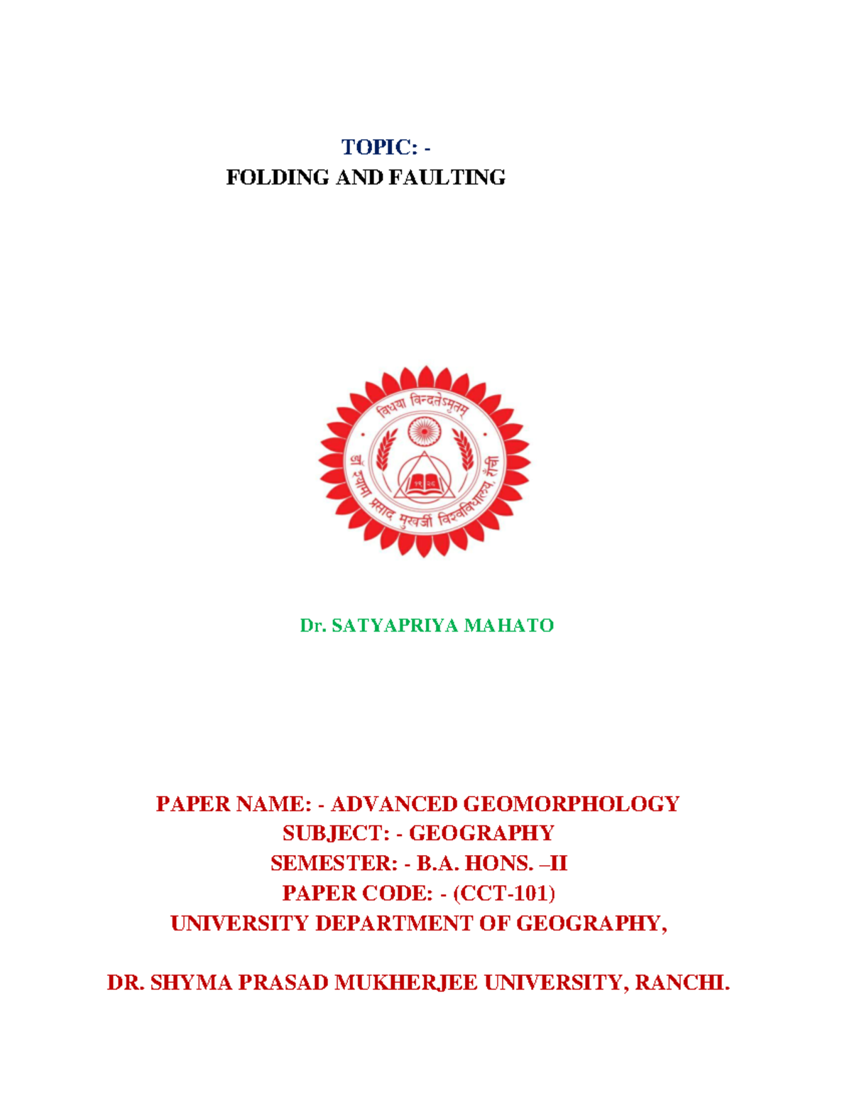Foldingand Faulting - Good - TOPIC: - FOLDING AND FAULTING Dr ...
