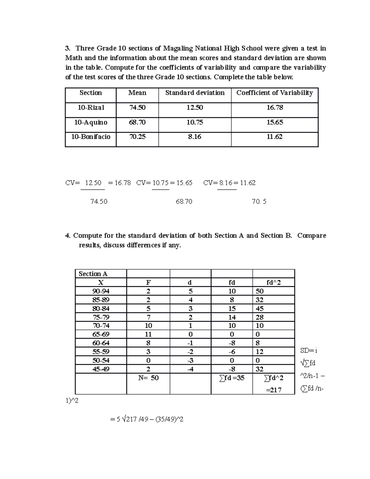 Coefficients of variability - Three Grade 10 sections of Magaling ...
