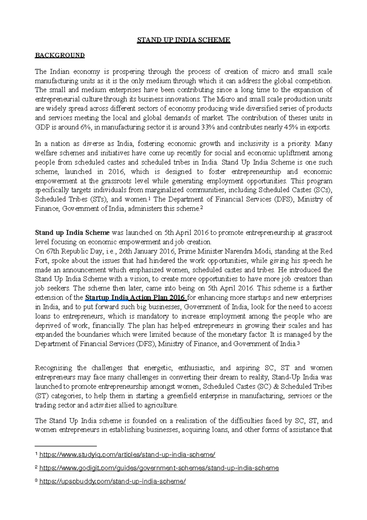 Banking Assignmnet - Detailed Notes - STAND UP INDIA SCHEME BACKGROUND ...