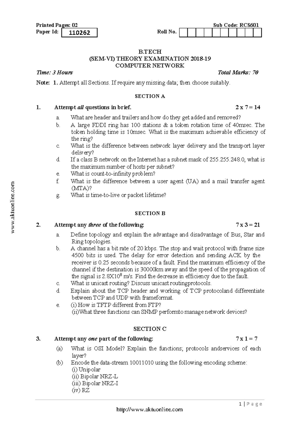 Computer Network All Papers - 1 | P a g e Printed Pages: 02 Sub Code ...