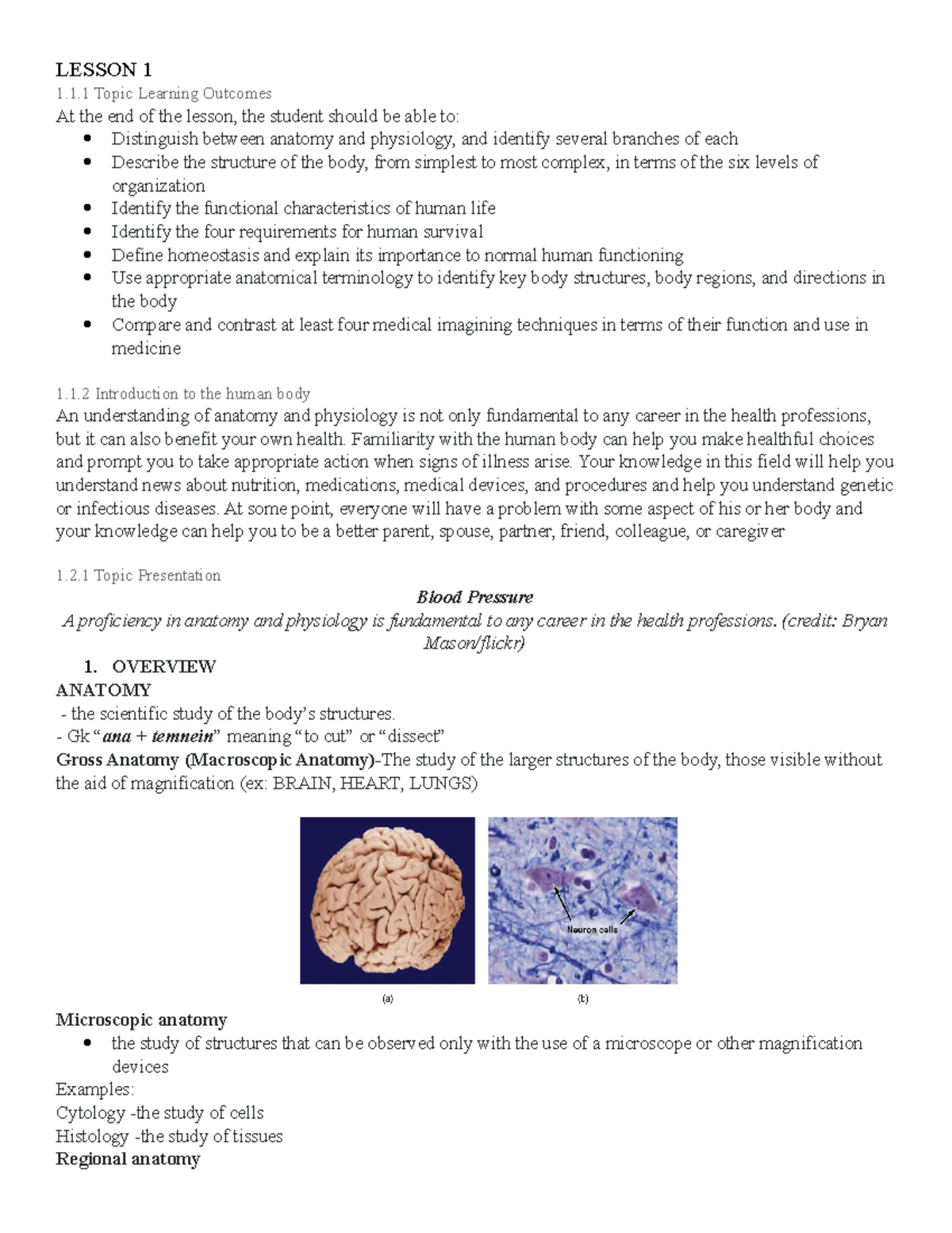 Anatomy&Physiology T 1&2 - LESSON 1 1.1 Topic Learning Outcomes At the ...