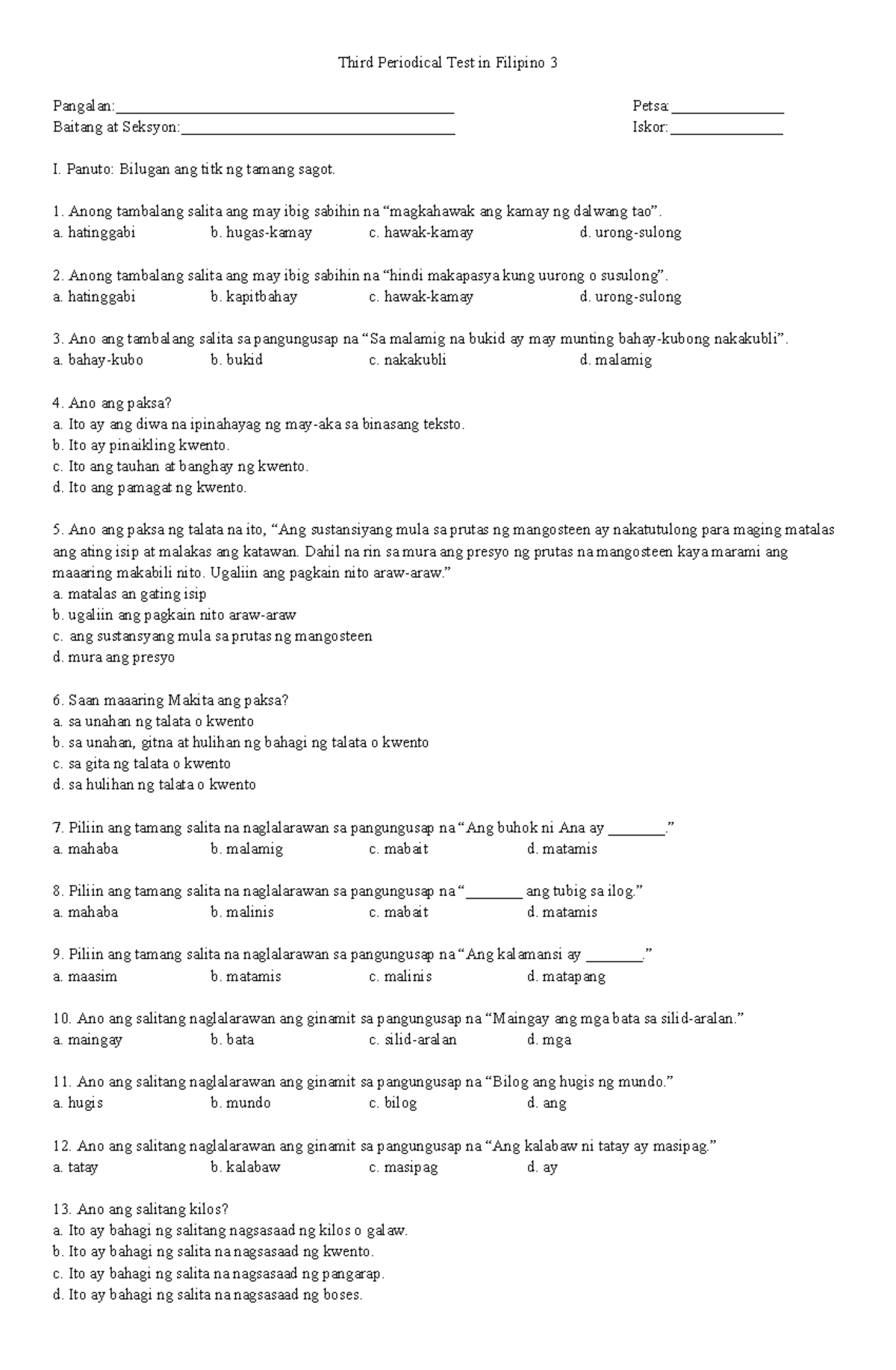 Periodical test filipino - Third Periodical Test in Filipino 3 - Studocu