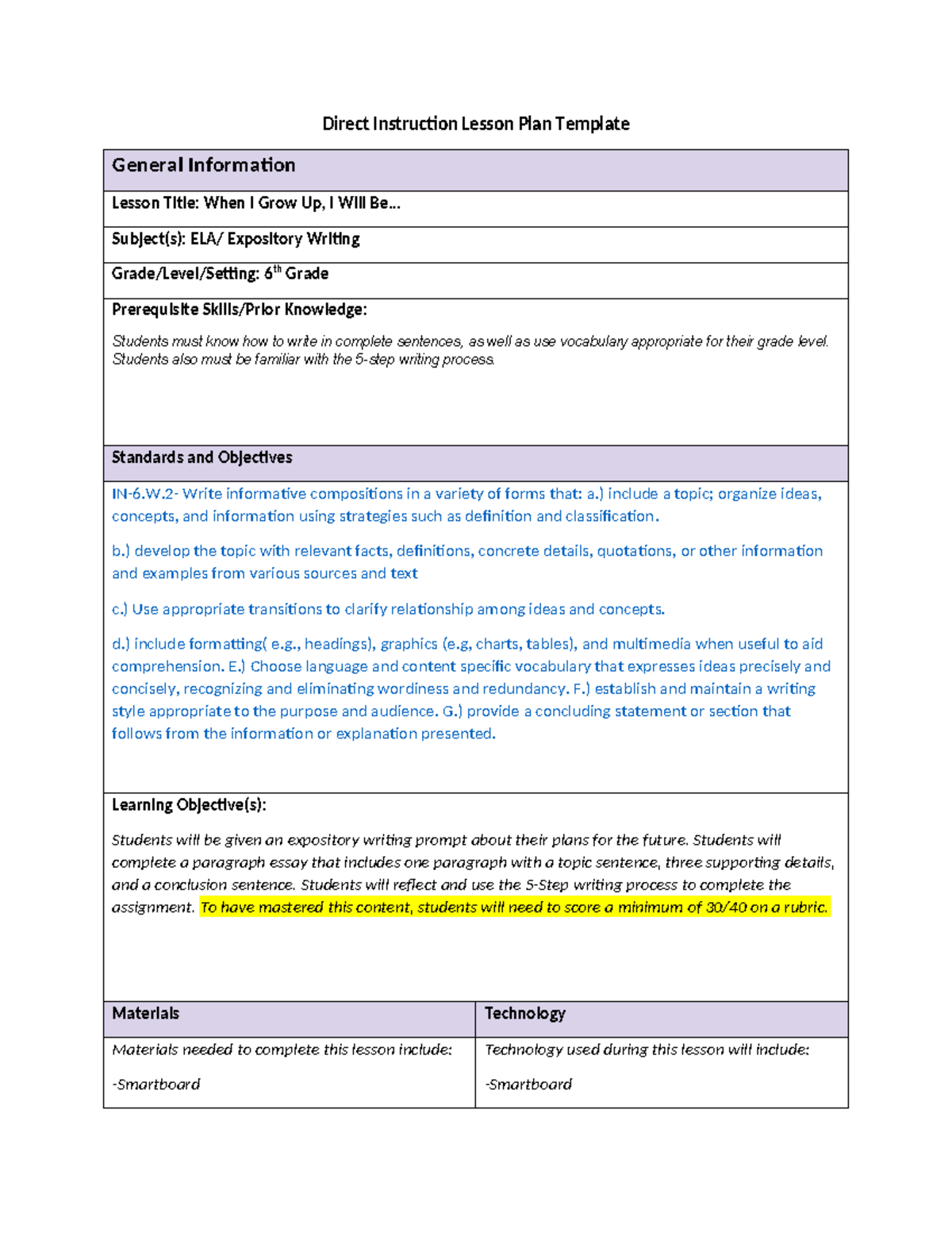 Language Arts Instruction and Intervention Task 1 - Direct Instruction ...