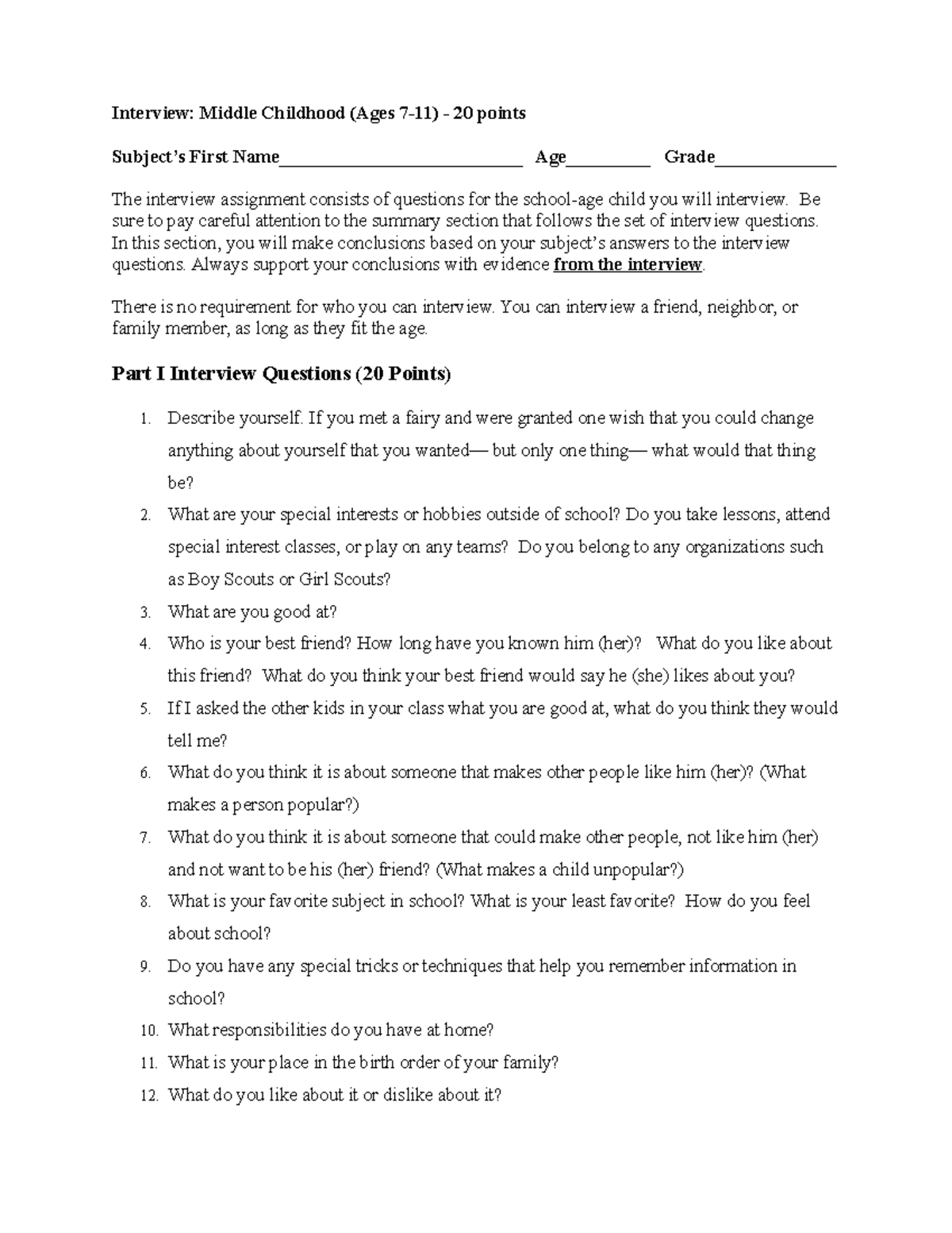 Middle Childhood Interview Assignment Interview Middle Childhood