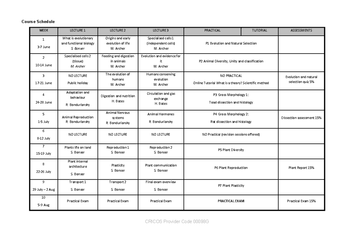 BIOS1101 Schedule and Assessment - CRICOS Provider Code 00098G Course ...