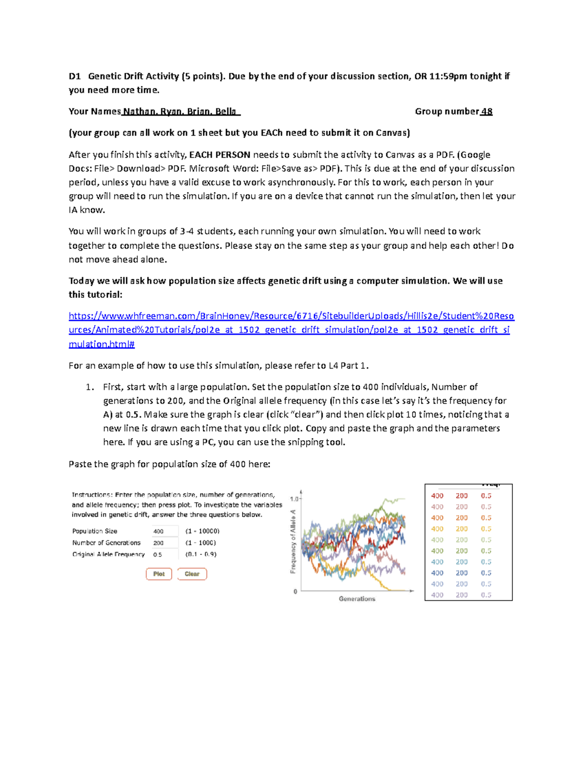 D1 Genetic Drift Activity - Due by the end of your discussion section ...